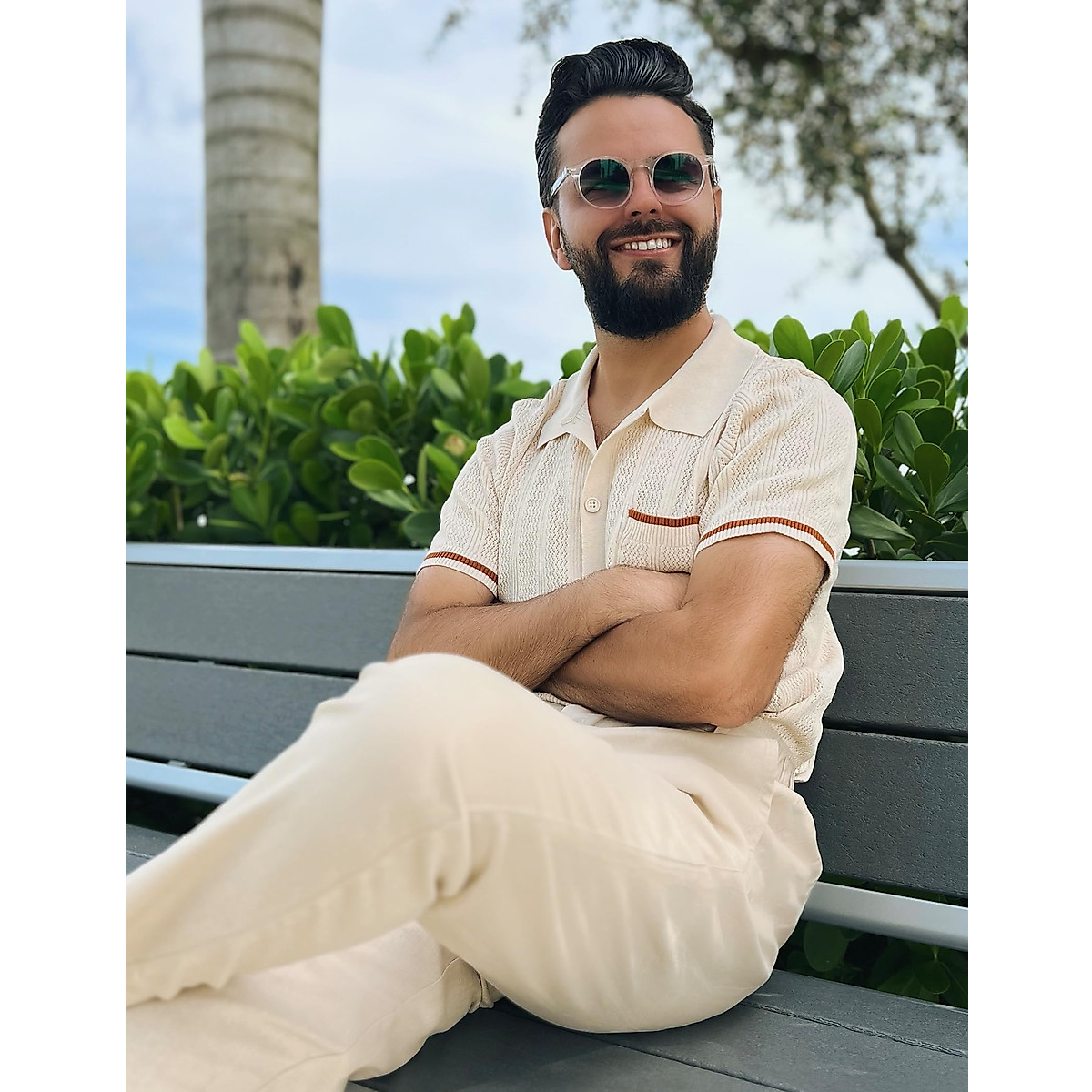 COOFANDY Beach Button Up Shirts for Men Knitted Collar Short Sleeve Polo Shirt Summer Vacation Cream