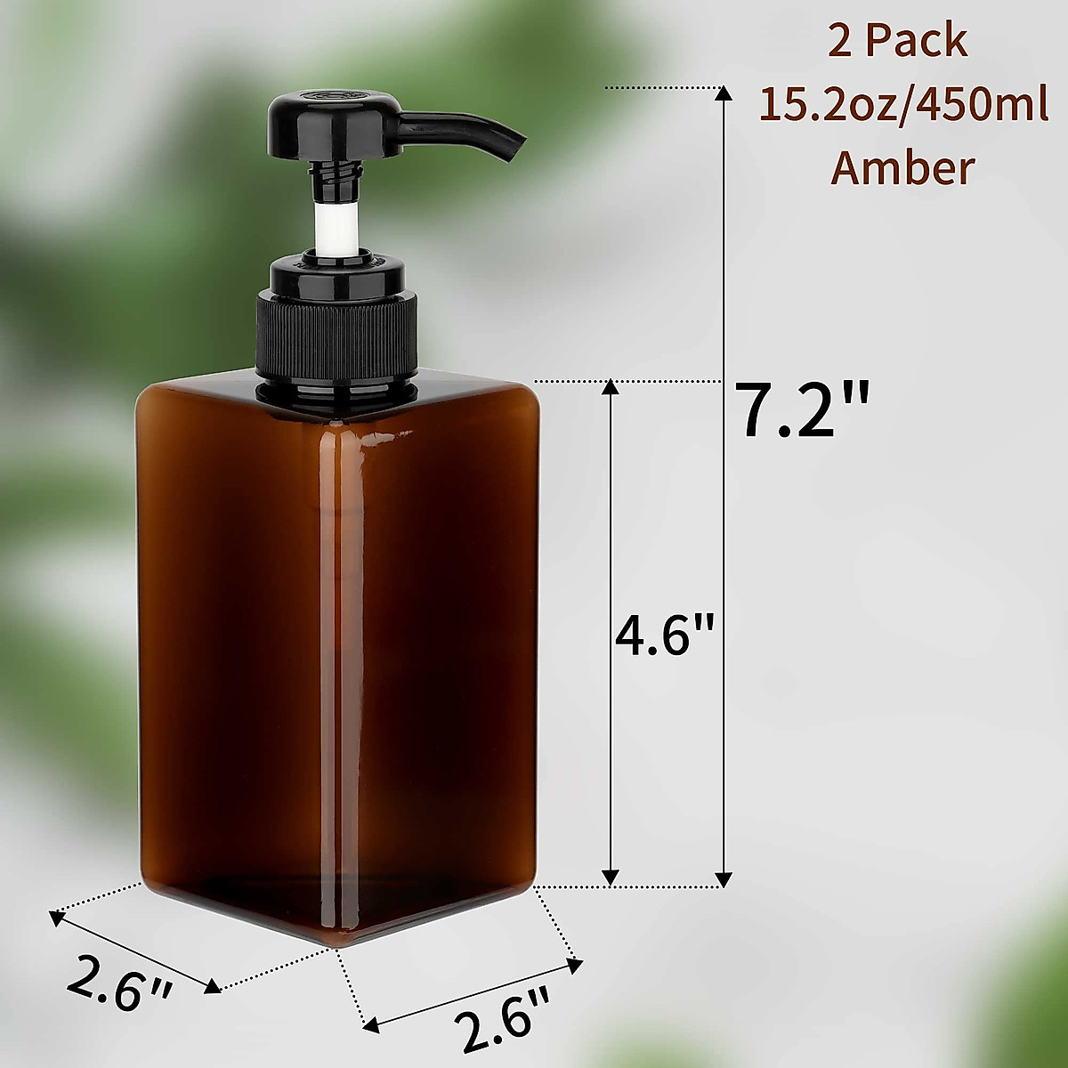 2 Pack 450ml/15.2oz Square Pump Bottle Dispenser Dulinkas Refillable Plastic Lotion Dispenser Empty Lotion Pump Bottle Liquid Container for Essential Oil Soap Lotion Shampoo Amber