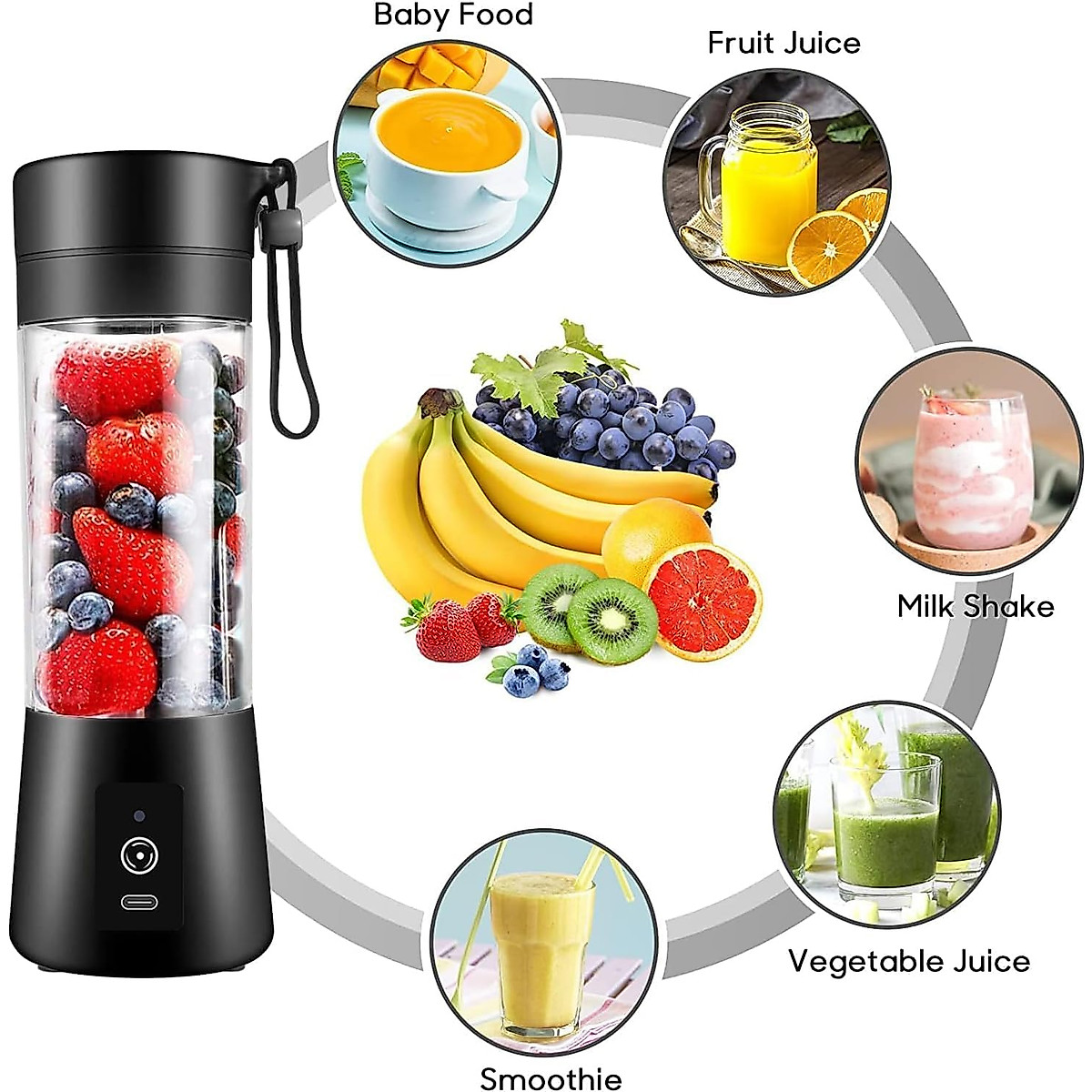 Portable Blender, Blender for Shakes and Smoothies, Personal Blender, Mini Shakes Juicer Cup 380ml USB Rechargeable with 6 Stainless Steel Blades for Kitchen,Sport and Travel, Black HSZZB X0316