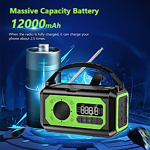 12000mAh Hand Crank Emergency Radio, AM/FM/NOAA Weather Radio, Emergency Radio,Multi-Function Solar Powered Radio,2 Solar Panels,USB Type-C Charging,Torch & LED Reading Lamp,SOS Alarm,Compass(Green)
