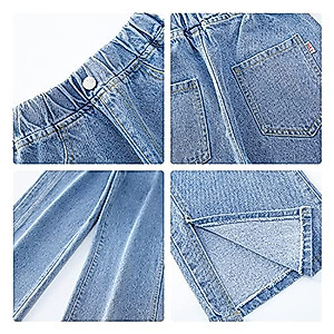 Girls Loose Distressed Jeans Wide Leg Stretch Denim Pants Baggy Straight Trousers (Blue Split, 10-12)