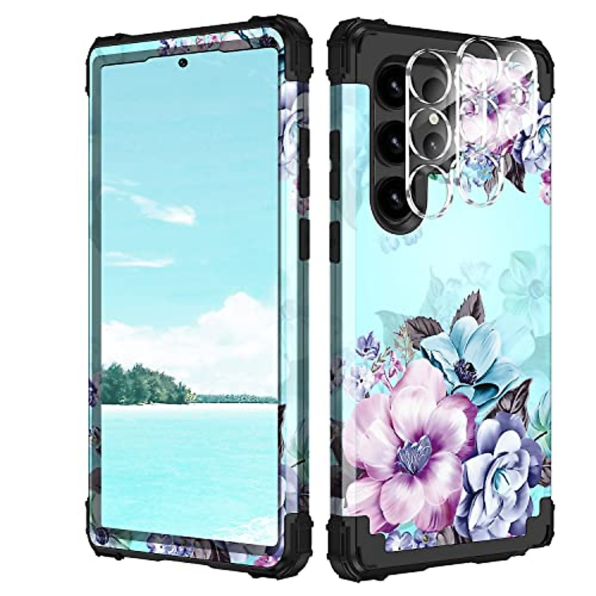 Casetego Compatible with Galaxy S23 Ultra 5G Case,Floral Three Layer Heavy Duty Sturdy Shockproof Full Body Protective Case with 2 Pack Camera Lens Protector for Samsung S23 Ultra,Blue Flower