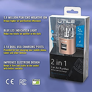 UTILE Car Ionizer Purifier with Dual USB Charger – Ionic Air Freshener for Odor Removal | 2.1A/0.8W USB Charging for Phone, Tablet and Other Devices (Copper, Pack of 1)