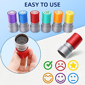 6pcs Rubber Teacher Stamps for Grading, Self-inking, Office Stationery Stamps, Vibrant Colors, Best Homework Stamps, Encouraging Classroom Comments(Smiley stamps)