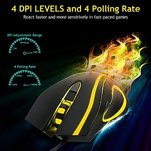 CHONCHOW Gaming Mouse Wired PC Gaming Mice with Backlit 4 Adjustable DPI Up to 7200 and 6 Programmable Buttons Ergonomic Design,USB Optical Computer Mouse for Desktop PC Laptop Gamer & Worker- Black