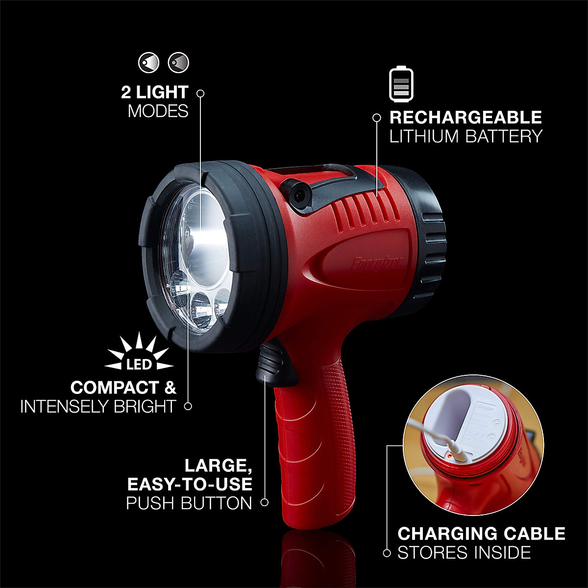 Energizer LED Portable Spotlight, Rechargeable Spotlight Flashlight for Tough Work Environments and DIY Projects, Flash Light with Micro-USB Cable Included, Pack of 1, Red