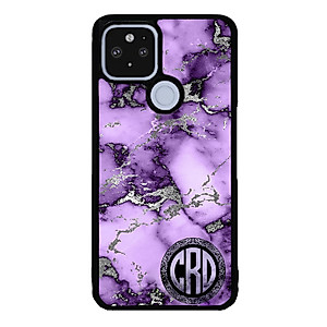 Purple and Silver Marble Monogram Black Rubber Phone Case Compatible With Google Pixel 8 Pro, 8a, 8, 7a, 7, Pixel 7 Pro, 6a, Pixel 6 Pro, 6, 5, 4a 5G, 4a 4G, 4, 4 XL, 3a, 3a XL, 3, 3 XL, 2 XL, 2