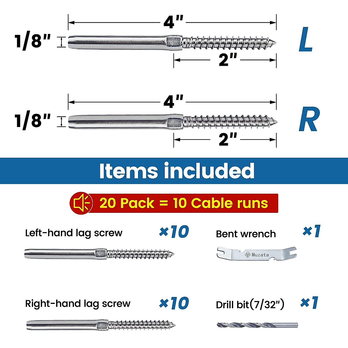 Muzata 20Pack 1/8" Swage Lag Screws Left & Right Cable Railing Hardware Kit Handed Thread for Wood Post T316 Stainless Steel Stair Deck WoodBudget System 10 Pairs CK17