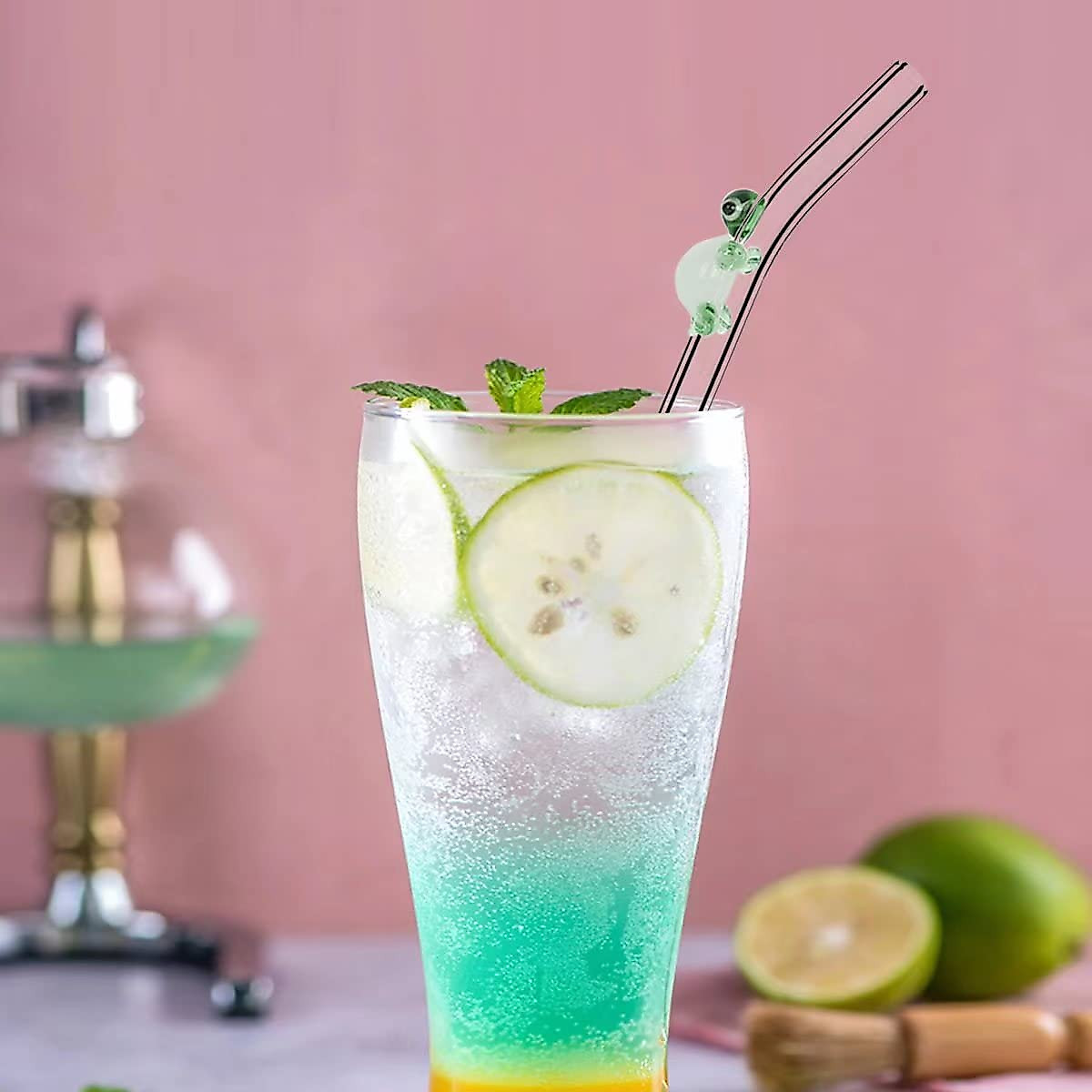 Wirhlly 6PCS Reusable Glass Straw Design Glass Straw,Colorful Straws Cocktails Bar Accessories Cleaning Brush Bent Drinking Straws for Hot and Cold Drinks (Tortoise)