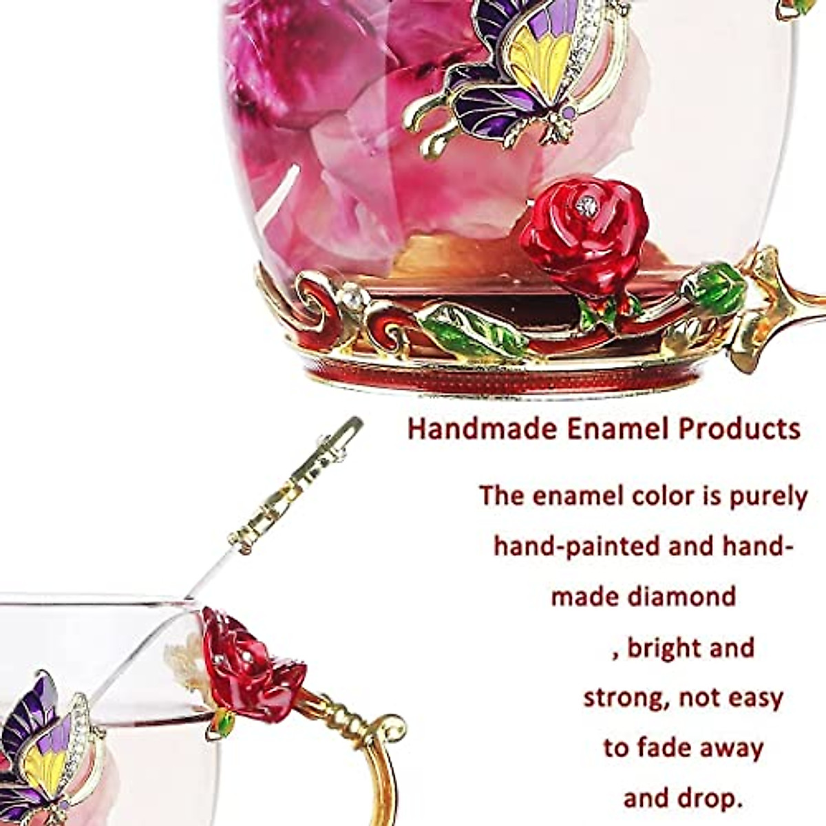 VANUODA Enamels Butterfly Flower Tea Cup, Glass Coffee Mugs with Spoon, Valentines Mothers Day Graduation Christmas Gifts for Women Wife Mom Her Grandma Girls Teacher Friends, Birthday Present Idea