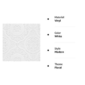 Norwall NW48932 Carter Series Vinyl Textured Paintable Floral Scroll Boarded Square Design Large Wallpaper Roll, 21" W x 33'L, White