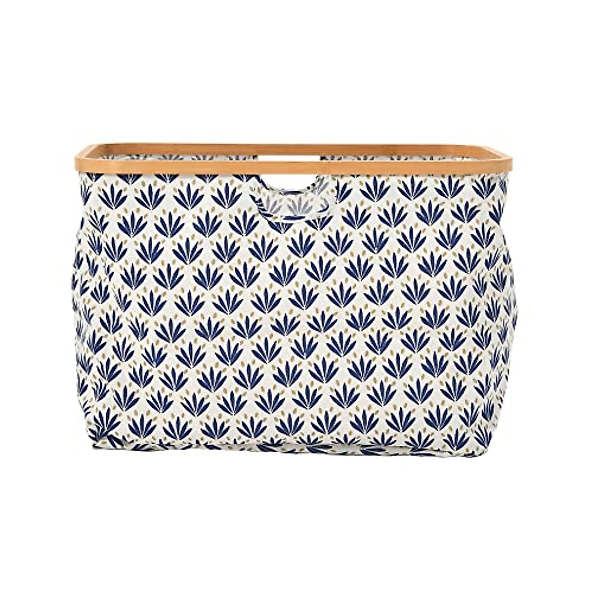 Household Essentials Bamboo Rimmed Krush Basket with Cutout Handles, Blue Cacti