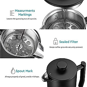French Press Coffee Maker - Double Wall Insulated 304 Stainless Steel Coffee Maker 4 Level Filtration System - 2x Filter & Coffee Spoo Coffee Press Tea Makrer, 34oz (1 Litre) - Black