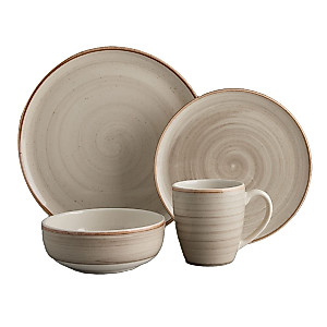 Corona Dinnerware Set 16– piece, Plates Bowls and Mugs Set, Ceramic Sets for 4, Microwave and Dishwasher Safe, Gray Caoba Hand-Painted Design