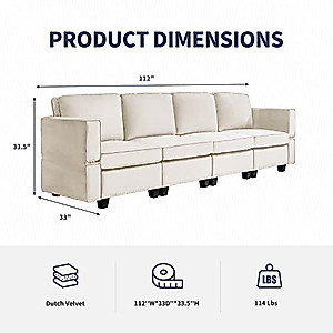 ZAFLY Sectional Sofa, 4 Seat Convertible Modular Beige Couch with Adjustable Backrest and Armrests I Shaped Sleeper Comfy Couch for Living Room
