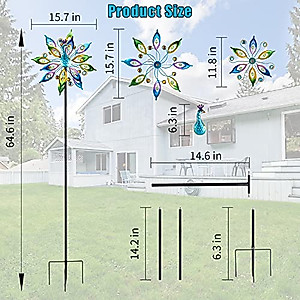DREAMYSOUL 15.7" D*65”H Metal Peacock Wind Spinners Double Sided Kinetic Wind Sculptures Outdoor Metal Windmill for Garden Yard Decor