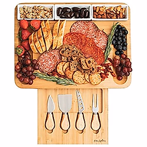 Charcuterie Board Set, Bamboo Cheese Board and Knife Set, Cheese Board Set, Large Charcuterie Boards, Bamboo Charcuterie Board with Bowls, Charcuterie Tray, Beautiful Charcuterie Boards Gift for Mom