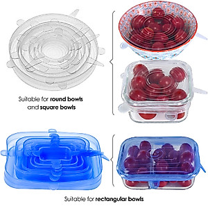 [12pack] Longzon Silicone Stretch Lids 6 Clear Round 6 Blue Rectangle, Magic Lids Reusable Food Covers for Bowls, Cups, Cans, Fit Different Sizes & Shapes of Container, Dishwasher & Freezer Safe