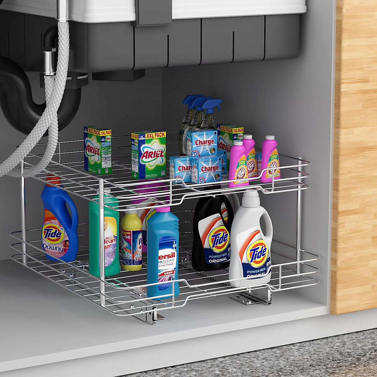 Lxmons 2 Tier Pull-out Cabinet Organizer, 20" W x 21" D Kitchen Under Sink Organizer, Slide Out Home Spice Rack Storage for Pots and Cans, Drawer Pantry Shelf Organization for Bathroom Base, Chrome