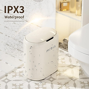 MRBIN Automatic Trash Can for Bathroom, Metal Touchless Garbage Bin with Lid, 3.4 Gallon Small Slim Trash Can for Office and Kitchen, Electric Motion Sensor Bedroom No Touch Bin, Cream White