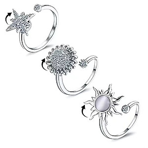 Asymmetric Rotatable Spinner CZ Ring for Women Girls Anti Anxiety Stress Relief Peace Fidget Rings Silver Plating Cute Daisy Sun Star Wrap Open Finger Knuckle Statement Ring Christmas Valentines