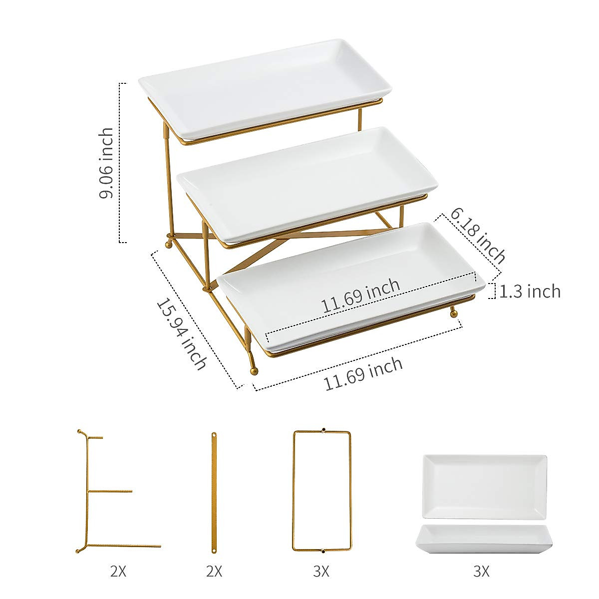 LAUCHUH 3 Tier Serving Stand, Pocerlain Oval Bowl Set with Stand Ceramic Fruit Bowl with Rack for Dessert, Appetizer, Candy Chip Dip, Vegetable, Gold