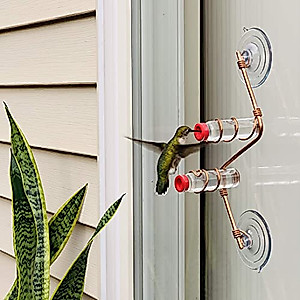 SWEET FEEDERS Geometric Window Hummingbird Feeder | Copper and Aluminum | Multiple Stations | Modern Hummingbird Feeder | Handcrafted | Home Décor | Glass Bottles | Suction Cups (Copper)