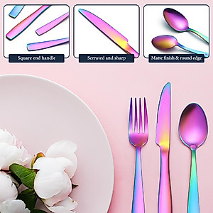 E-far 20-Piece Matte Rainbow Silverware Set, Stainless Steel Flatware Set for 4, Colorful Cutlery Set Include Forks Spoons and Knives for Kitchen Home Restaurant, Satin Finish & Square Edge Handle