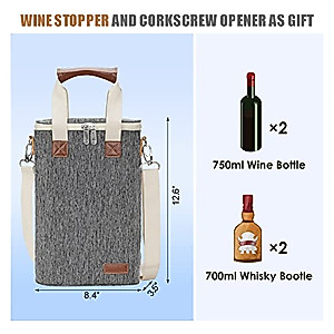 Insulated Waxed Canvas Padded Wine Cooler Bag - Portable Tote Carrier with Corkscrew Opener for Travel, Party, Beach, Wedding for Wine Lovers (Grey)