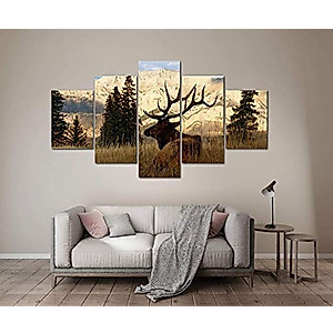 Nature Calligraphy Animal Scenery Elk Wall Art Deer Canvas Hunting Wall Decor Deer Decor for Living Room Wall Decor Deer Wall Art Deer Pictures Large 5 Panel Printed Painting Framed [60''W x 32''H]