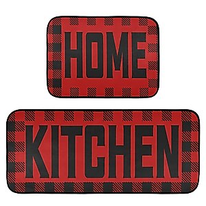 Buffalo Plaid Checked Black Red Kitchen Mat Set of 2 Anti-Fatigue Kitchen Rug Set Washable Non Slip Cushioned Foam Kitchen Runner Rugs and Mats Comfort Standing Mat for Floor Laundry Home Decor