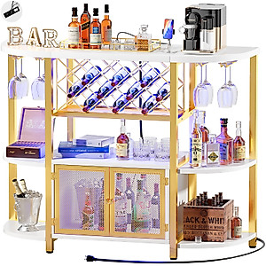 Unikito Gold Liquor Bar with LED Light, Wine Cabinet with Outlet, Freestanding Wine Rack Table with Door, Coffee Bar Cabinet for Liquor and Glass, Floor Bar Table Stand with Wine Storage Rack, White