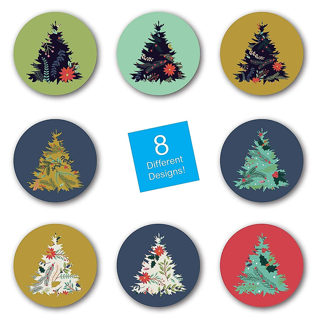 Patterned Holiday Trees Christmas Stickers / 8 Alternating Floral Holiday Tree Designs / 500 Christmas Labels / 1.5" Evergreen Tree Silhouettes