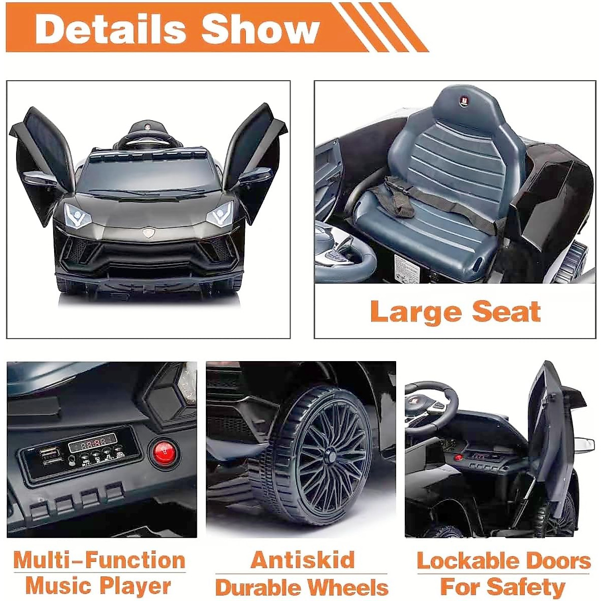 u URideon Kids Ride On Police Car, 12V Electric Sports Car Toys with Remote Control, Siren, Flashing Light,Music,Battery Powered (Black)