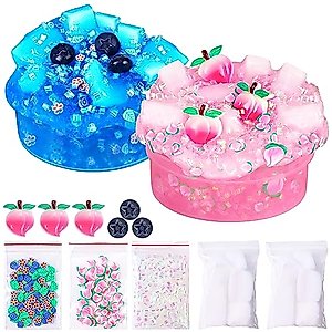 GOHEYI 2 Packs Jelly Cube Crunchy Slime, Pink Peach and Blue Blueberries Soft Non-Stick Slime Kit, Birthday Gift DIY Crystal Glue Boba Slime Party Favor for Girls Boys Kids