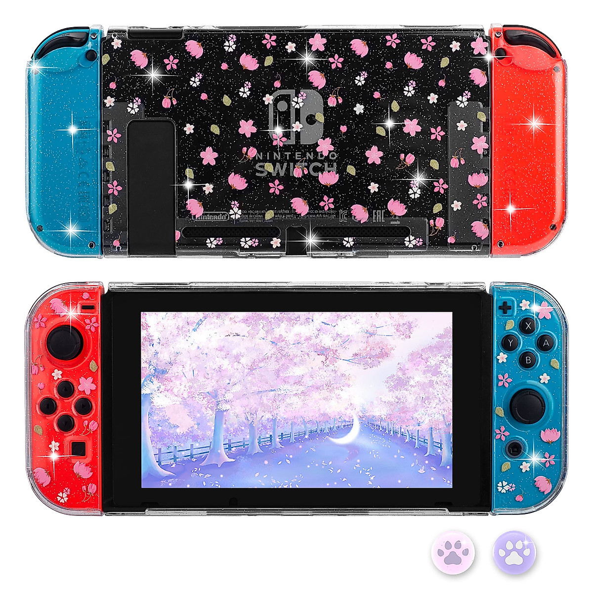 RHOTALL Cute Case Compatible with Nintendo Switch, Kawaii Accessories for Switch, Glitter Crystal Clear Cover for Switch and Joy Con Controller with 2 Glitter Thumb Grips - Cherry Blossoms