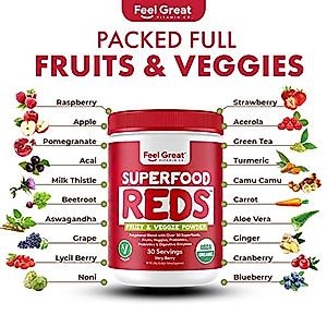 Superfood Reds Powder Fruit & Veggie Powder by Feel Great Vitamin Co. | Reds Superfood Powder with Beet Root Powder, Polyphenols, & Enzymes | Fruit Vegetable Supplements | Berry Flavor, (30 Servings)