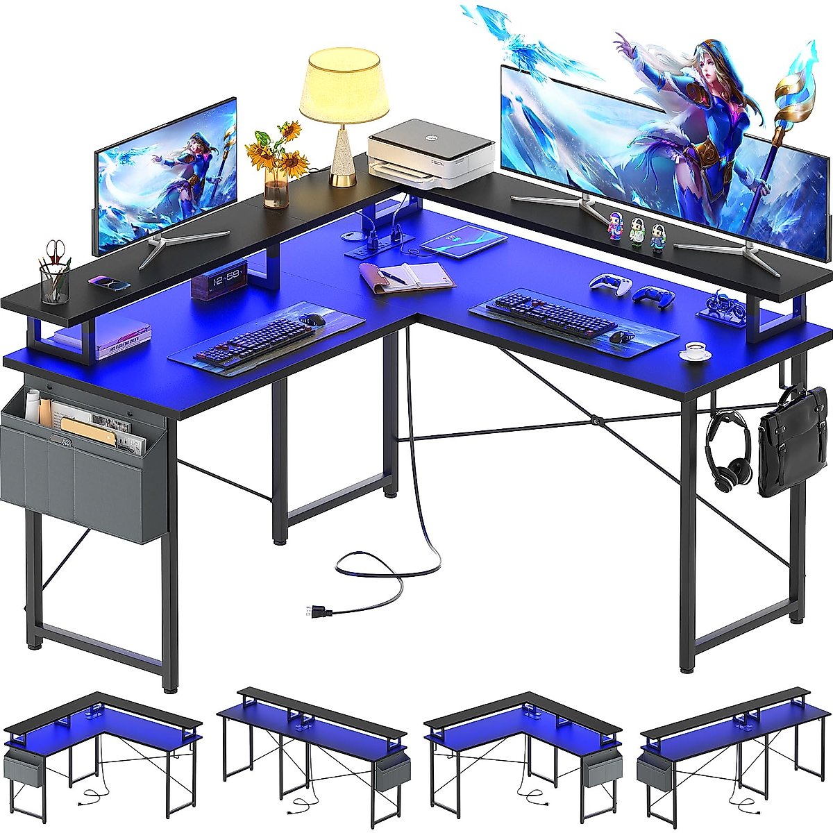 armocity L Shaped Computer Desk with Power Outlets, Gaming Desk L Shaped with LED Lights, Corner Desk with Storage Shelves, Work Study Desk for Bedroom, Home Office Small Spaces, 47'', Black