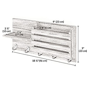 Ballucci Wall Mount Key Holder and Mail Sorter Organizer, Wooden Rustic Floating Shelf Coat Rack with 5 Metal Hooks, for Entryway, Living Room, Mudroom, Kitchen - Rustic White