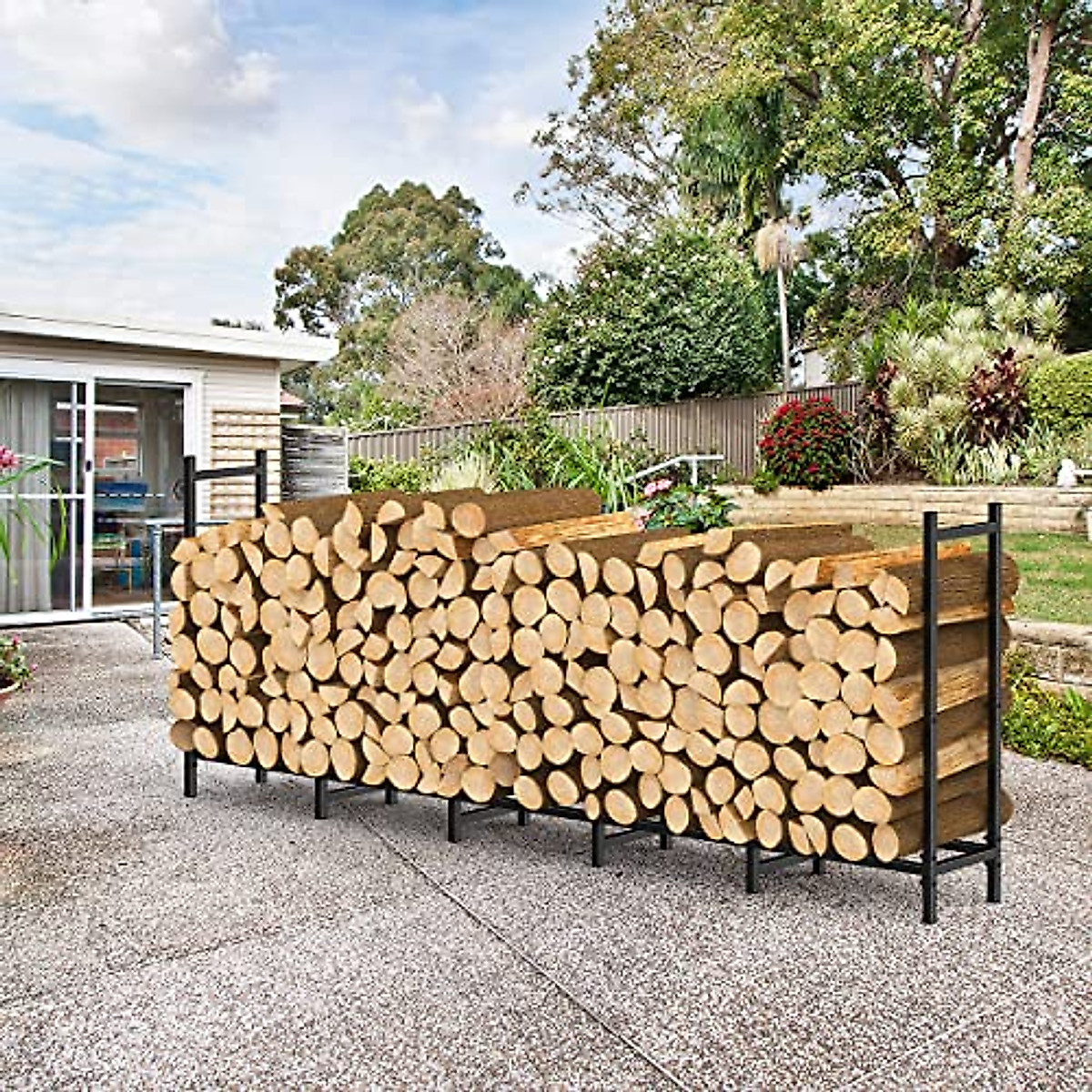 melos Firewood Rack Indoor, 6.6ft Wood Racks Outdoor For Firewood, Wood Holders Firewood Outdoor For Fireplace Wood Storage, Adjustable Fire Log Stacker Stand For Courtyard, Patio, Black