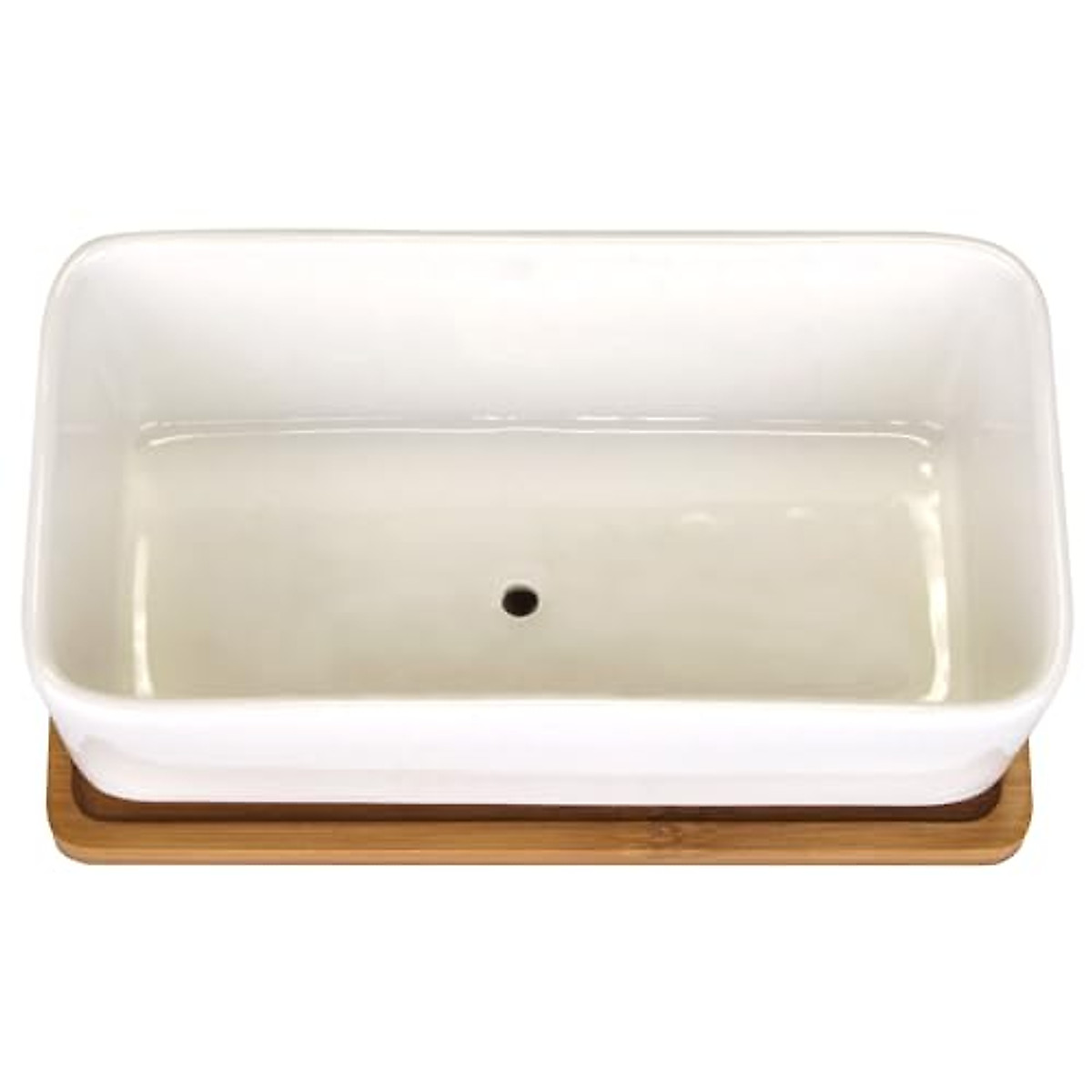 Ceramic Succulent Pots - 1 Pot - Short Rectangle - with Bamboo Tray - White - 6.3"
