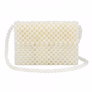 Women Shoulder Bag Girls Pearl Purse Tote bag Handmade Weave Beaded Crossbody Bag for Daily Evening Party (Beige)