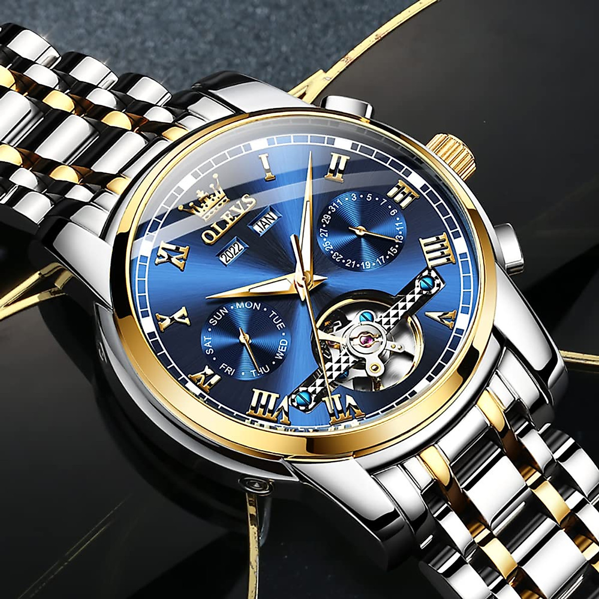 OLEVS Mens Watches Automatic Watches for Men Self Winding Watch Silver Gold Stainless Steel Watch Blue Dial Watch Skeleton Tourbillon Men's Wrist Watches Luxury Big Face Watch for Men