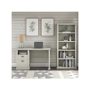 Bush Furniture Yorktown Home Office Desk with 5 Shelf Bookcase, 50W, White Oak
