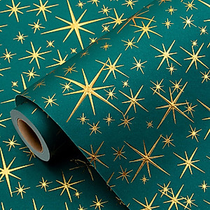 Garbendy Green Christams Wrapping Paper Roll-17inch x 32.8ft Embossing 3D Emerald Green with Gold Foil Star Design for Christmas, Birthday, Wedding, Baby Shower, Bridal Shower, Party