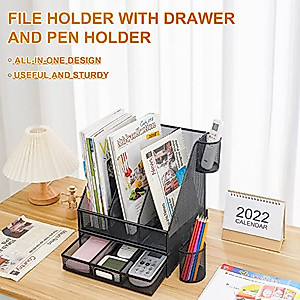 Marbrasse Desk Organizers with File Holder, 3 Vertical Compartments Magazine File Holder with Drawer and 2 Pen Holders, Mesh Desktop File Folder, Rack File Organizer for Home Office