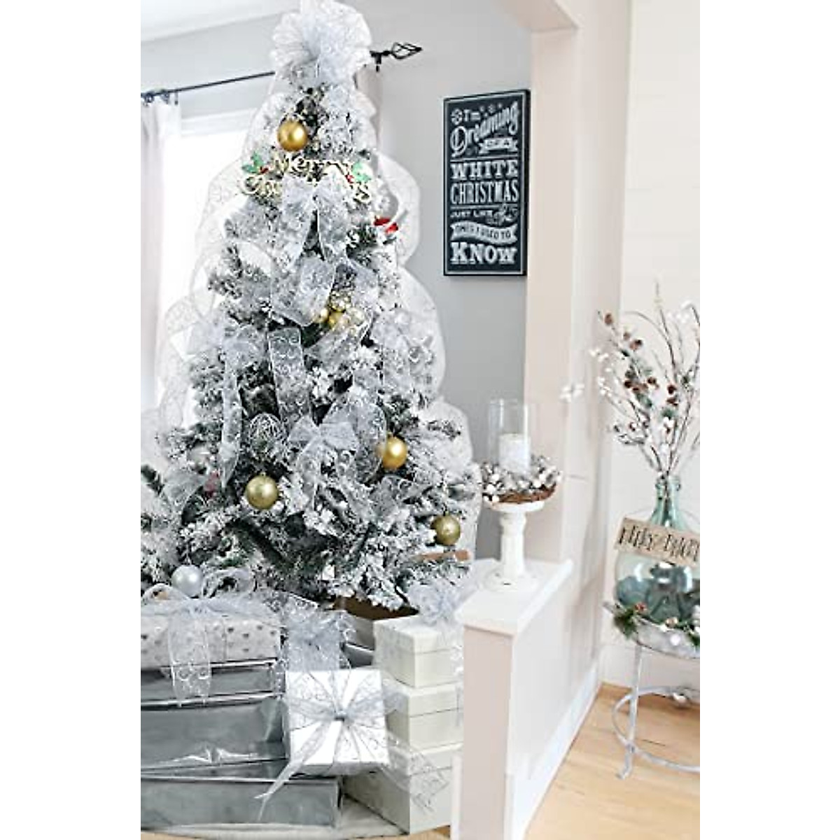 AIMUDI Silver Sheer Organza Christmas Ribbon, 2.5 Inch x 50 Yards, Swirl Pattern, Wired Edge, Perfect for Wreaths, Trees, Gifts, Weddings