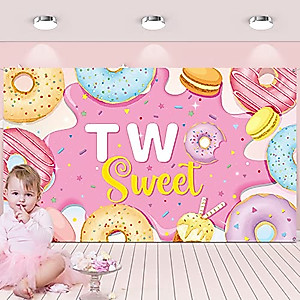 Two Sweet Birthday Backdrop Banner Decoration, Pink Donut 2nd Birthday Party Photography Background Props for Girl Donut Party Donut Grow up Party Candy Party Baby Shower Supplies, 6 x 4 Ft