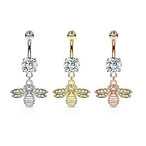 Pierced Owl 14GA 316L Stainless Steel Bumble Bee with AB Crystal Paved Wings Double Jeweled Dangling Belly Button Ring (Gold Tone)