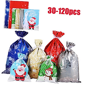 Christmas Bags Large Size Christmas Wrapping Assorted Styles Christmas Goody Bags with Ribbon Ties for Christmas Party Xmas Holiday 30PCS